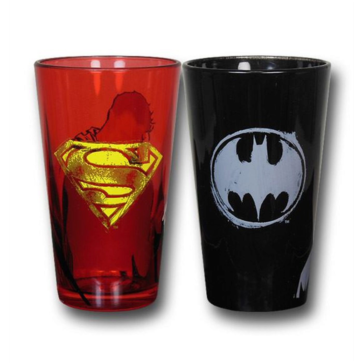 Superman and Batman Red and Black Pint Glass Set
